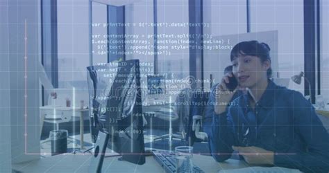 Image Of Graphs And Computer Language Over Asian Woman Talking On Cellphone In Office Stock