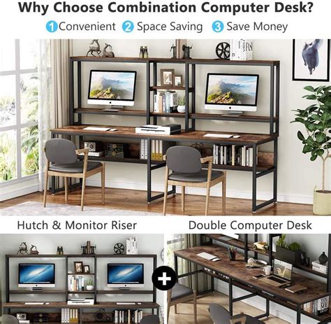 The Computer Desk Has Two Monitors On It And Is In Front Of A Wall With Bookshelves