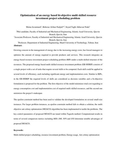 Pdf Optimization Of An Energy Based Bi Objective Multi Skilled Resource Investment Project