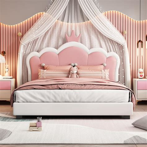 Gyybed Full Size Upholstered Princess Bed With Crown Headboard Princess Bed For
