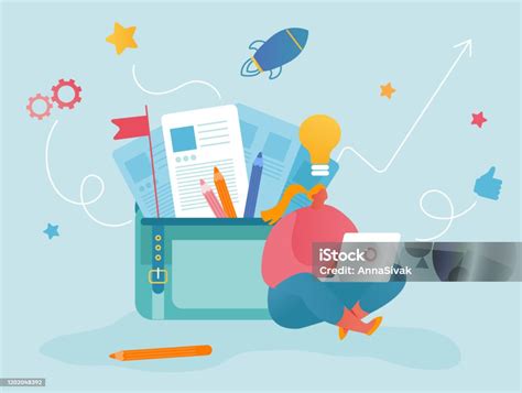 다른 도구와 문서와 거대한 포트폴리오 가방 근처에 앉아 머리 위에 빛나는 전구와 노트북에서 작업 하는 여자 사무실 노동자 프리랜서는 창조적 인 아이디어 만화 플랫 벡터