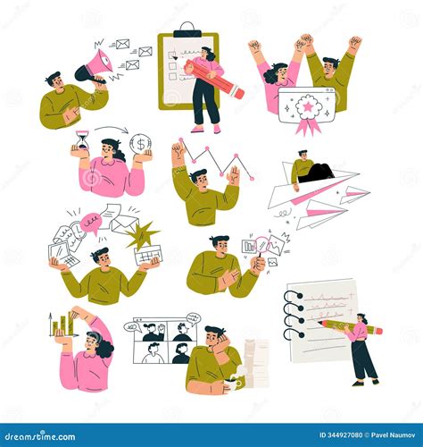Productive Workflow With Man And Woman Managing Task Vector Set Stock Illustration