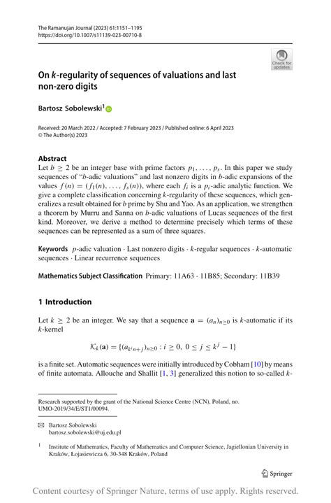 Pdf On K Regularity Of Sequences Of Valuations And Last Non Zero Digits