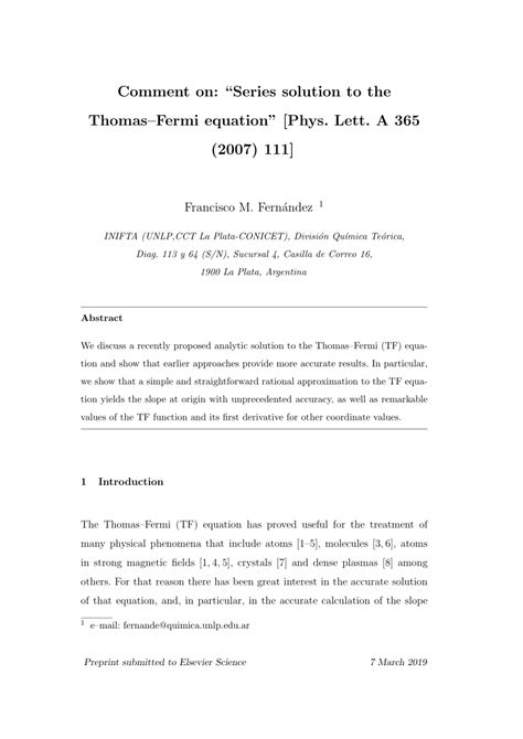 Pdf Comment On Series Solution To The Thomas Fermi Equation
