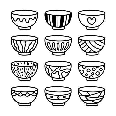 Set Of Cartoon Line Art Doodle Of Bowl With Beautiful Pattern Hand
