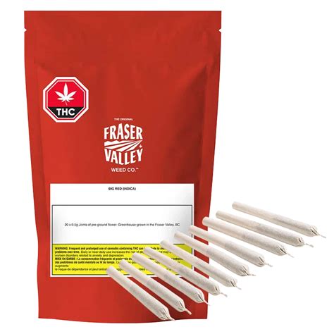 Front View Of A Red Pouch Labeled Fraser Valley Weed Co With Eight