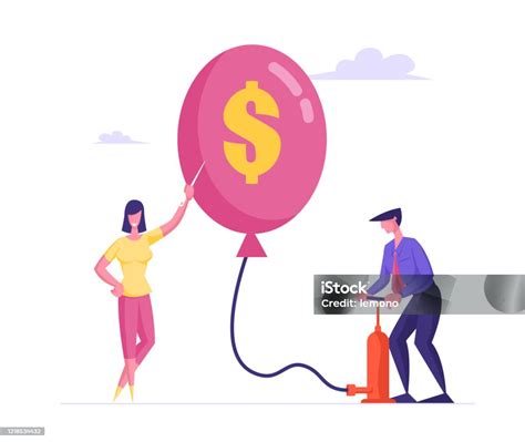 인플레이션 경제 또는 금융 위기 파산 자본 손실 개념 남성 캐릭터 팽창 풍선 와 달러 기호 를 사용하여 펌프 여자 들고 바늘 에