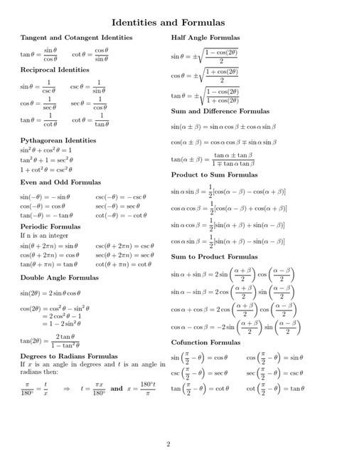 Math Resources Trigonometric Formulas Pdf Trigonometric Functions