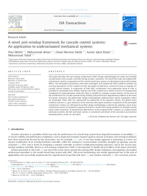 Pdf A Novel Anti Windup Framework For Cascade Control Systems An