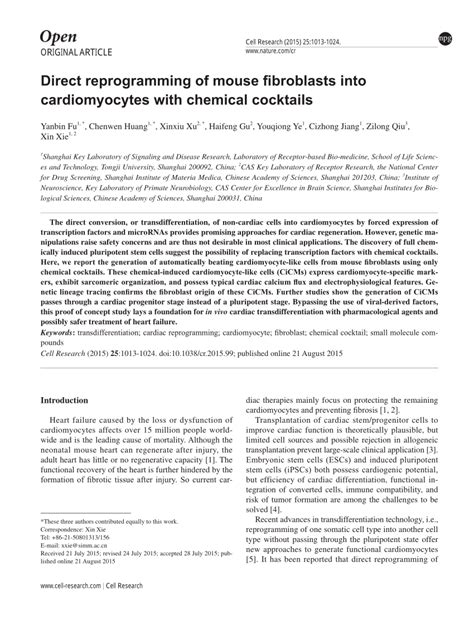 Pdf Direct Reprogramming Of Mouse Fibroblasts Into Cardiomyocytes