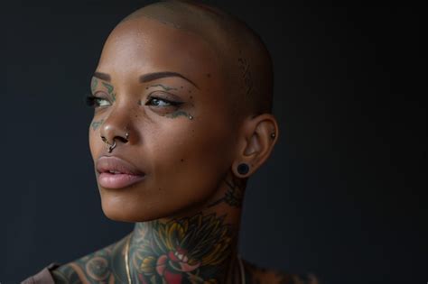 Bald Woman With Tattoos And Piercings Looking Away Against Dark