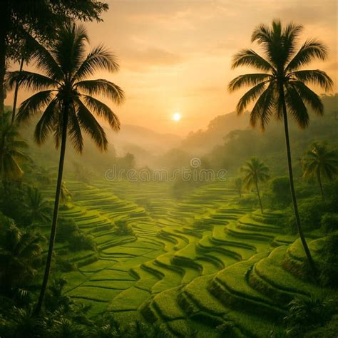 Golden Sunrise Over Lush Green Terraced Rice Fields Stock Illustration