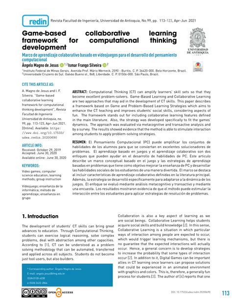 Pdf Game Based Collaborative Learning Framework For Computational