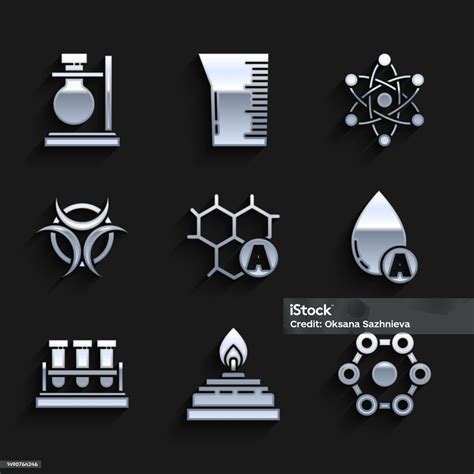 화학 공식 알코올 스피릿 버너 물방울 시험관 및 플라스크 화학 물질 생물학적 위험 기호 원자 및 스탠드 아이콘을 설정합니다 벡터