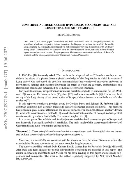 Pdf Constructing Multi Cusped Hyperbolic Manifolds That Are Isospectral And Not Isometric