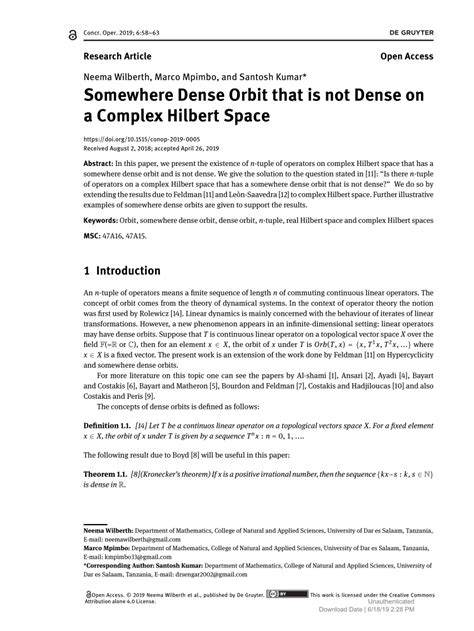 Pdf Somewhere Dense Orbit That Is Not Dense On A Complex Hilbert Space