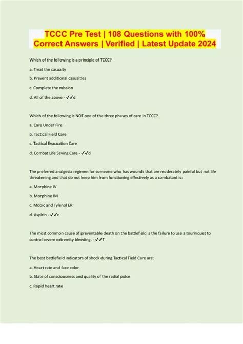 TCCC Pre Test Questions With Correct Answers Verified Latest Update TCCC