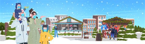 코로나바이러스 전염병 겨울 휴일 축하를 방지하기 위해 마스크를 착용 크리스마스 시장에서 걷는 가족 가족에 대한 스톡 벡터 아트 및 기타 이미지 Istock