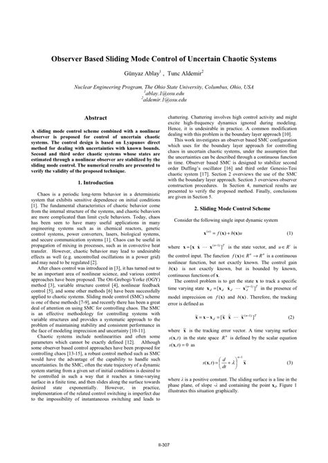 Pdf Observer Based Sliding Mode Control Of Uncertain Chaotic Systems