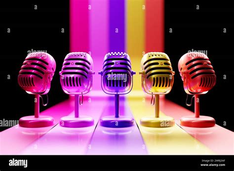Colorful Metal Retro Microphones On A Black Background Close Up View Live Show Music