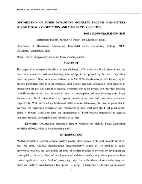 Pdf Optimization Of Fused Deposition Modeling Process Parameters For