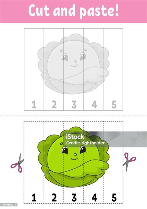 학습 번호 15 잘라 접착제 양배추 캐릭터입니다 교육 개발 워크 시트 아이들을위한 게임 활동 페이지 색상 격리 벡터 그림입니다 만화 스타일입니다 0명에 대한 스톡 벡터 아트