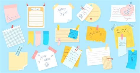 만화 스티커 메모 색 격리 된 스티커 종이 목록 학교 노트북 게시판 사무실 메모 스티커 벡터 일러스트 레이 션을 주목하기위한 귀여운 스크랩 메모장 프리미엄 벡터