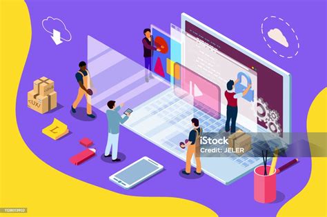 웹 문자 및 텍스트 장소 디자인 개념을 개발 웹 배너 인포 그래픽 영웅 이미지에 대 한 사용할 수 있습니다 등각 투영 평면 그림 개념에 대한 스톡 벡터 아트 및 기타 이미지