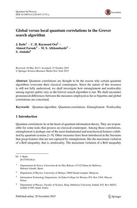 Pdf Global Versus Local Quantum Correlations In The Grover Search