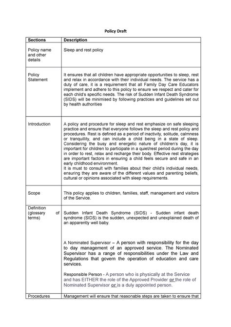 Draft Policy Template Policy Draf Sections Description Policy Name