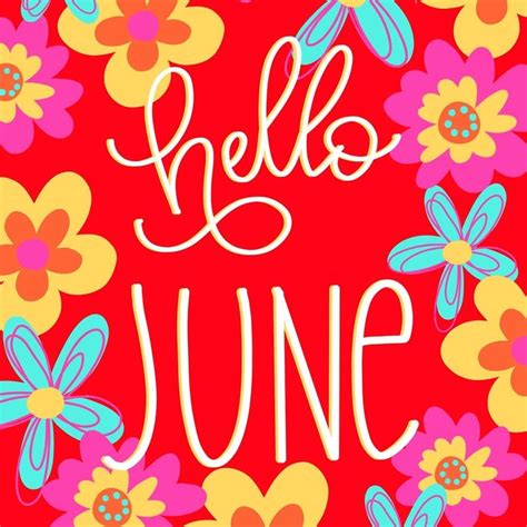 The Words Hello June Are Surrounded By Colorful Flowers And Dragonflies On A Red Background