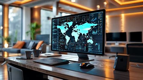 modern workspace with computer displaying global data analytics in a