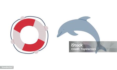 해상 물체가 설정되었습니다 돌고래와 구명 부표 만화 벡터 일러스트 레이 션 구명 기구에 대한 스톡 벡터 아트 및 기타 이미지 구명 기구 구조 귀여운 Istock