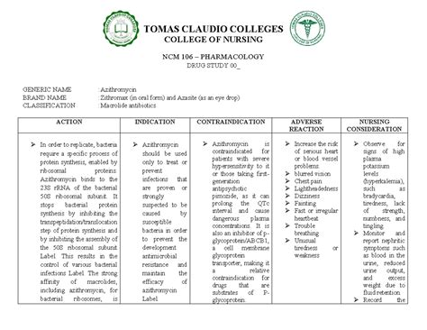 Drug Study Azithromycin Tomas Claudio Colleges College Of Nursing Ncm