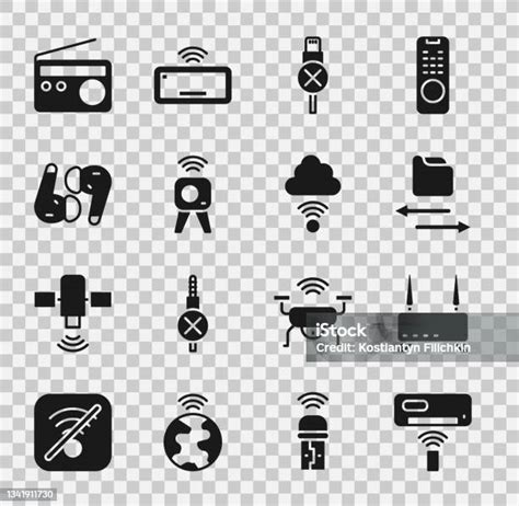 에어컨 라우터 및 wifi 신호 전송 파일 usb 케이블 코드 웹 카메라 헤드폰 라디오 및 네트워크 클라우드 연결 아이콘을