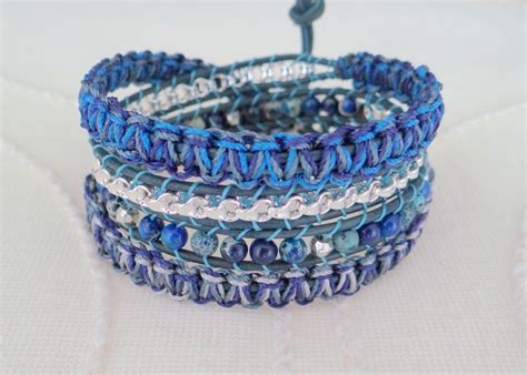 Macrame Wrap Bracelet With Blue Leather And Silver Button Clasp Shades Of Blue Etsy