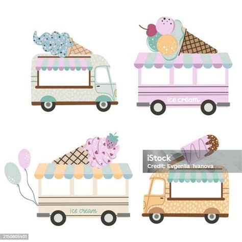 벡터 일러스트 레이 션 와 손으로 그린 아이스크림 트럭 직물 포장 종이 카드 등에 인쇄하는 데 사용할 수 있습니다 2024년 여름 아이스크림 트럭에 대한 스톡 벡터 아트 및
