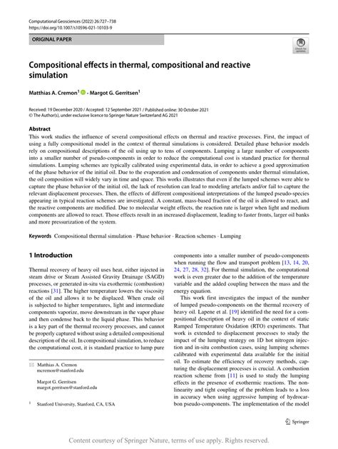 Compositional Effects In Thermal Compositional And Reactive Simulation Request Pdf