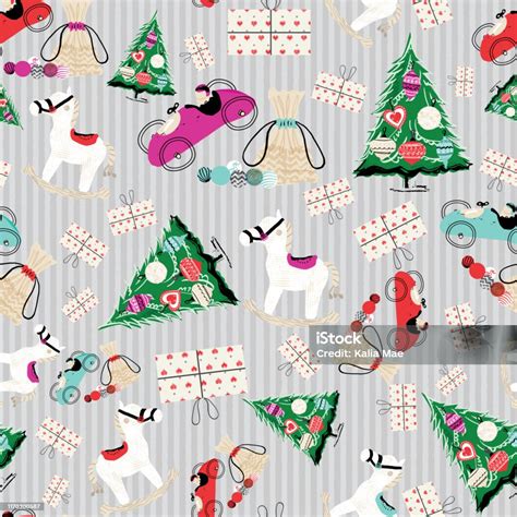벡터 방사형 복고풍 장난감 크리스마스 트리와 선물 상자와 원활한 패턴입니다 고대의에 대한 스톡 벡터 아트 및 기타 이미지 고대의 고풍스런 골동품 Istock