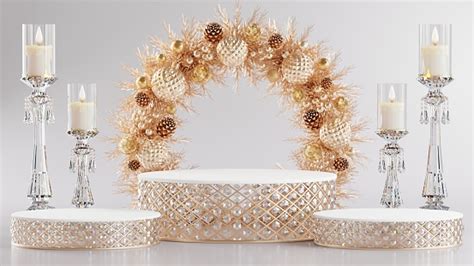 3d 렌더링 일러스트레이션 연단 겨울 크리스마스 축제 크리스마스 트리 산타 클로스 선물 상자 리본 공 눈 제품 판촉 판매 프리젠 테이션 받침대 배경색에 3d 렌더링