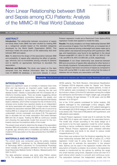 Pdf Non Linear Relationship Between Bmi And Sepsis Among Icu Patients Analysis Of The Mimic