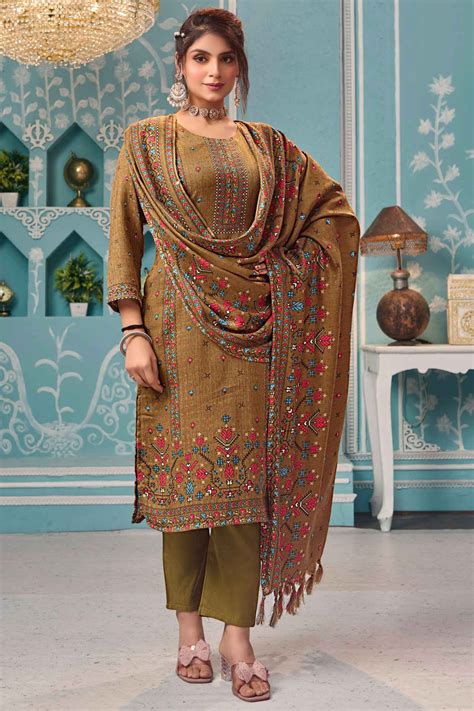Olive Floral Print Pashmina Fabric Set Designed For Warm And Stylish E