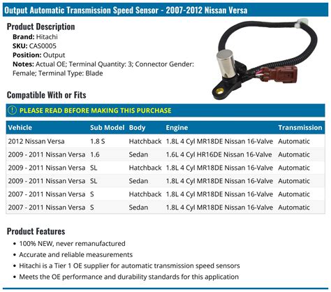 2007 2012 Nissan Versa Automatic Transmission Speed Sensor Hitachi