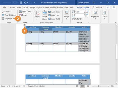 repeat header row in word customguide