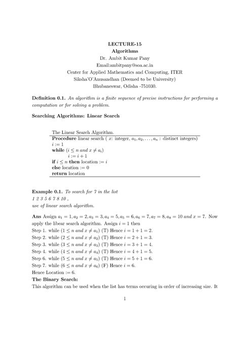 Lecturenotes 15 Arjun Paul Lecture Algorithms Dr Ambit Kumar Pany Emailambitpanysoaac