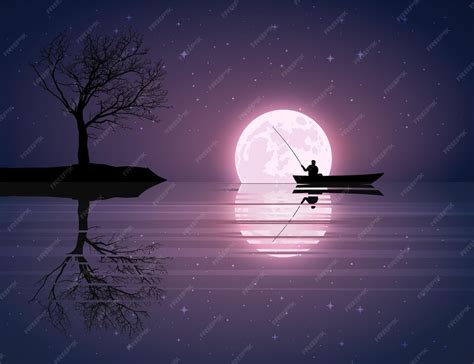 Noite De Lua Cheia No Céu E Estrelas No Fundo De Um Lago Calmo Lagoa E
