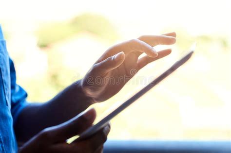 Person, Hands and Interaction with Tablet for Online Browsing, Social Media or App at Office ...