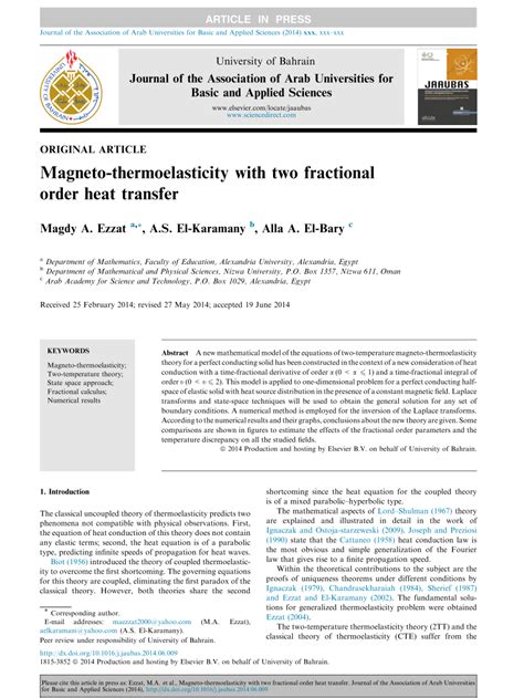 Pdf Magneto Thermoelasticity With Two Fractional Order Heat Transfer
