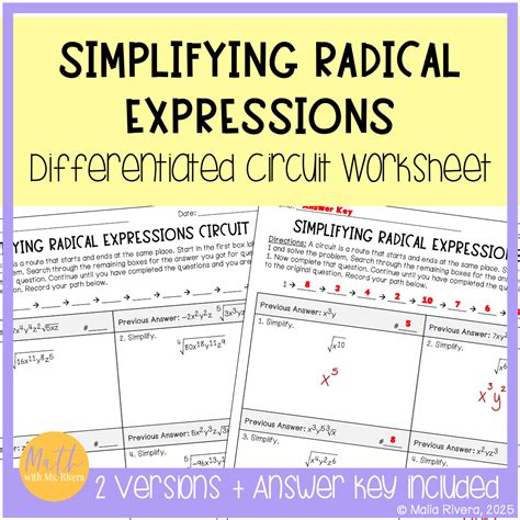 Simplifying Radical Expressions With Variables Differentiated Circuit Worksheet For Algebra 2
