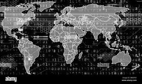 Displaying Outlined World Map In Cyberspace With Binary Streams Hexagon Grid Glitch Lines